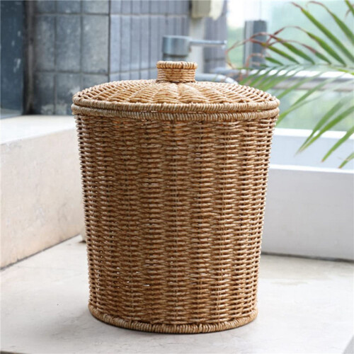 2X Woven Basket Trash Can Round Rattan Waste Basket with Lid Planter ...
