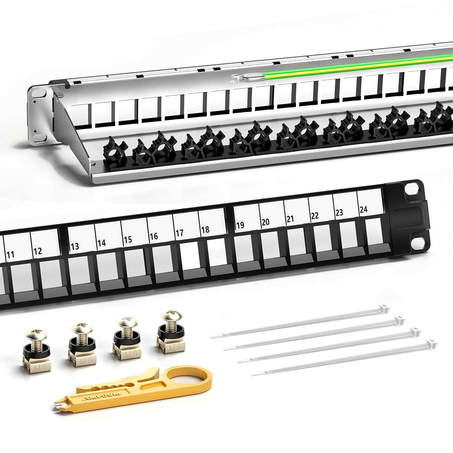 AMPCOM 24 Ports 1U Blank Keystone Patch Panel, 19 inch Rack or Wall ...