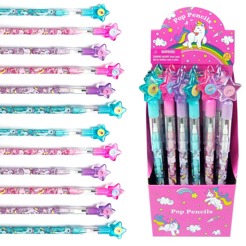 TINYMILLS 24 Pcs Unicorn Stackable Push Pencil Assortment with Eraser for Unicorn Pink Birthday ...