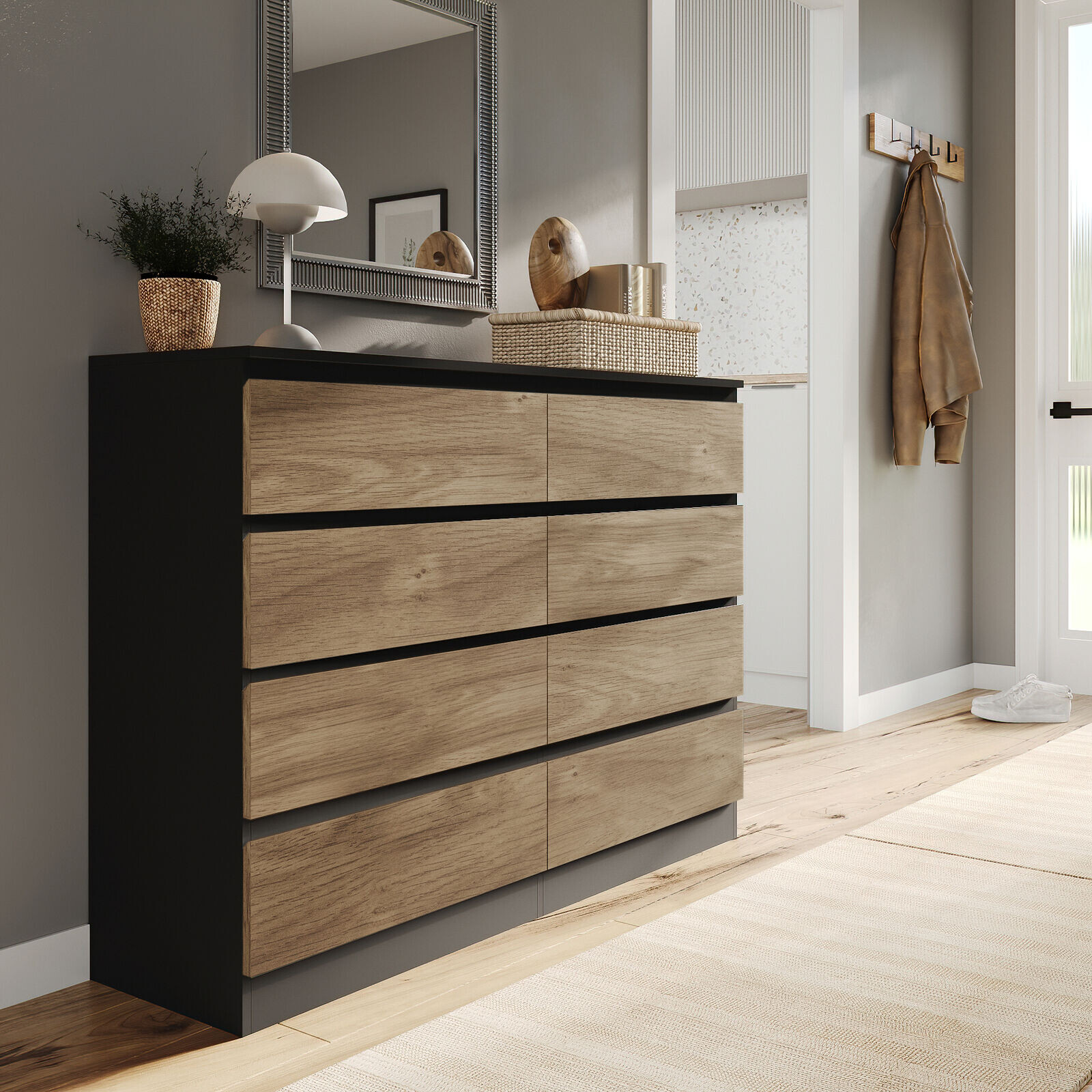 (Black Carcass + Oak Drawers) Modern Wide Wooden Chest of 8 Drawers ...