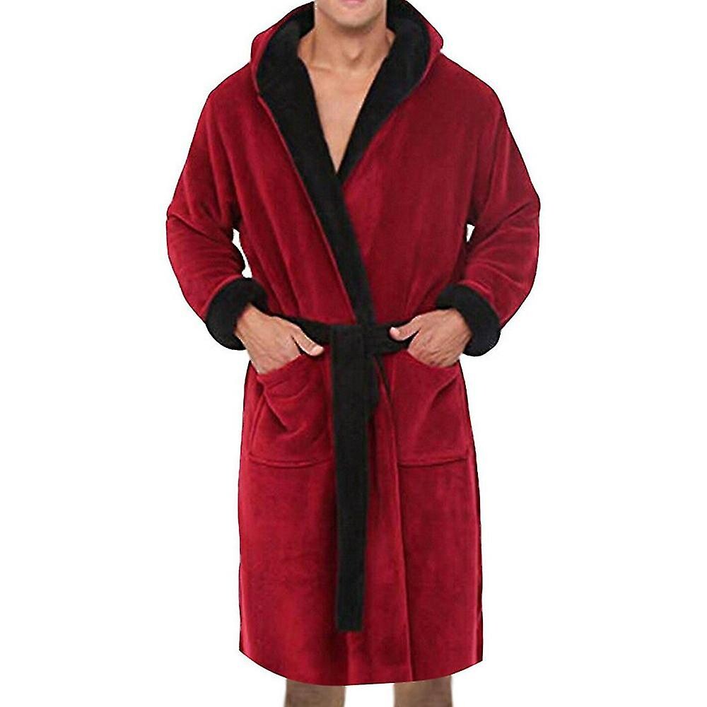 (Red, 3XL) Men Hooded Fleece Dressing Bathrobe on OnBuy