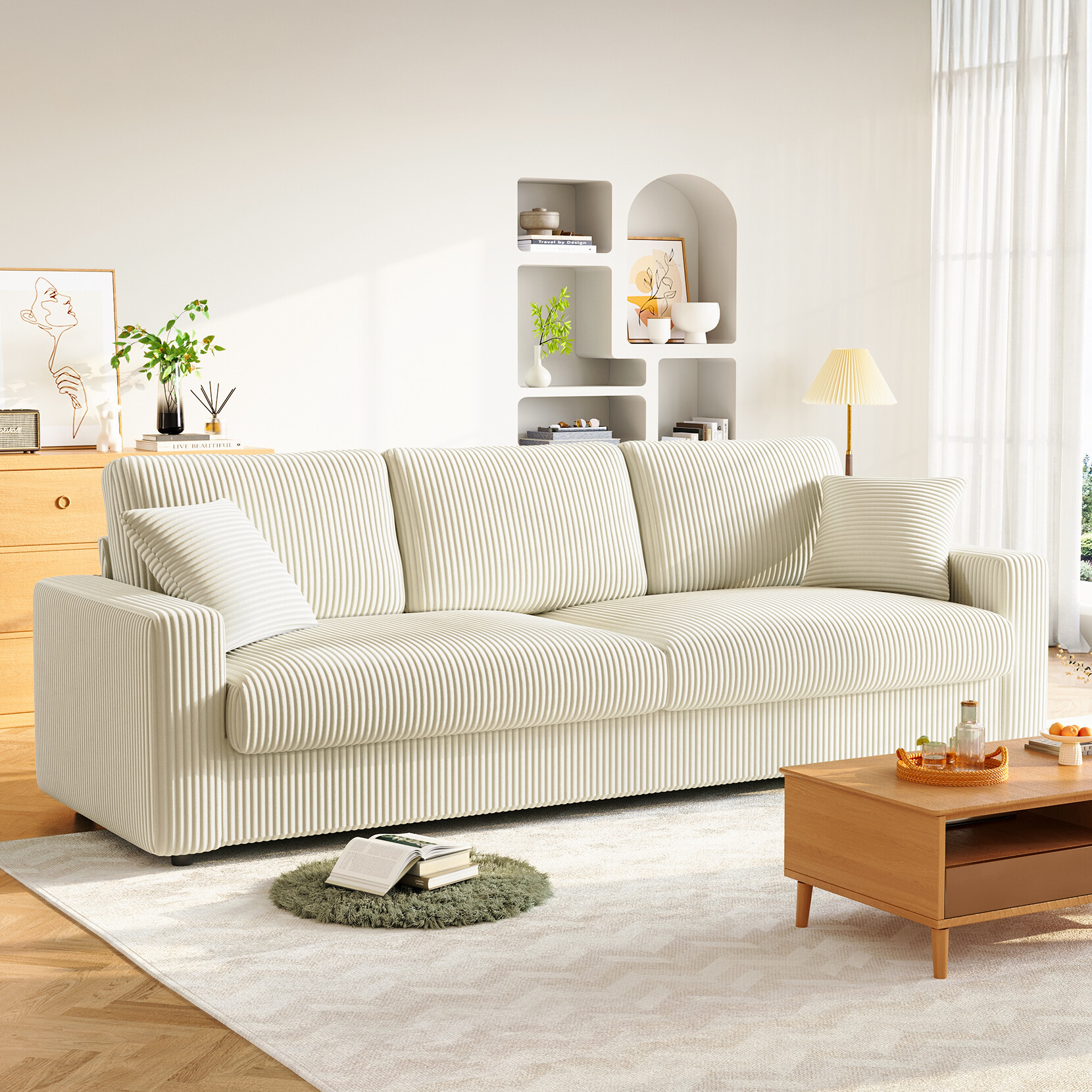 (Beige) Three-seater corduroy sofa on OnBuy