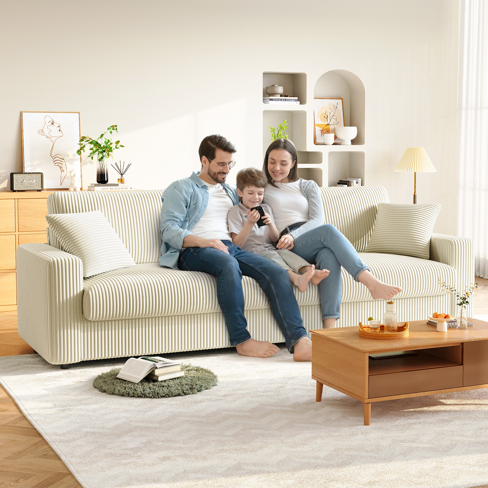 (Beige) Three-seater corduroy sofa on OnBuy