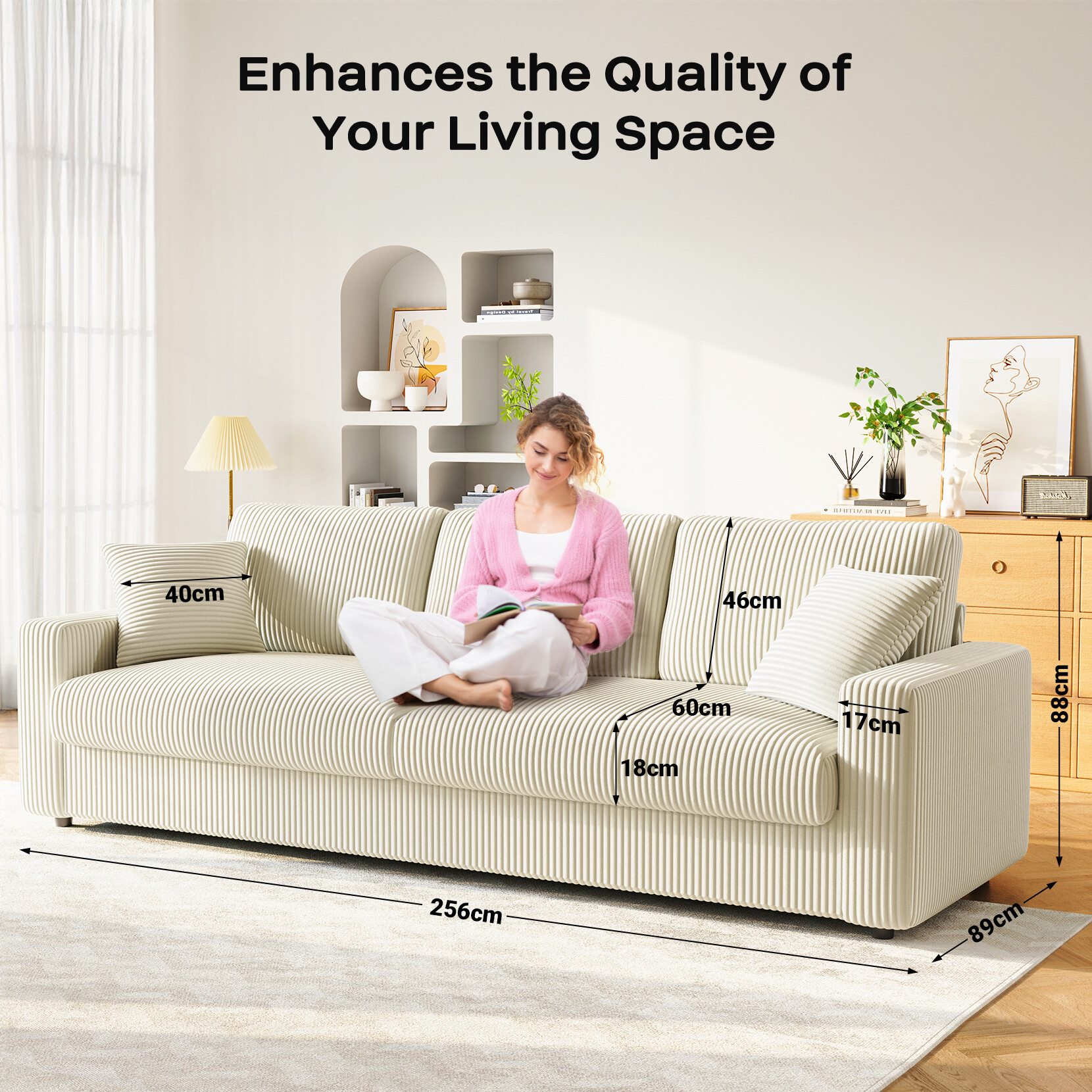 (Beige) Three-seater corduroy sofa on OnBuy