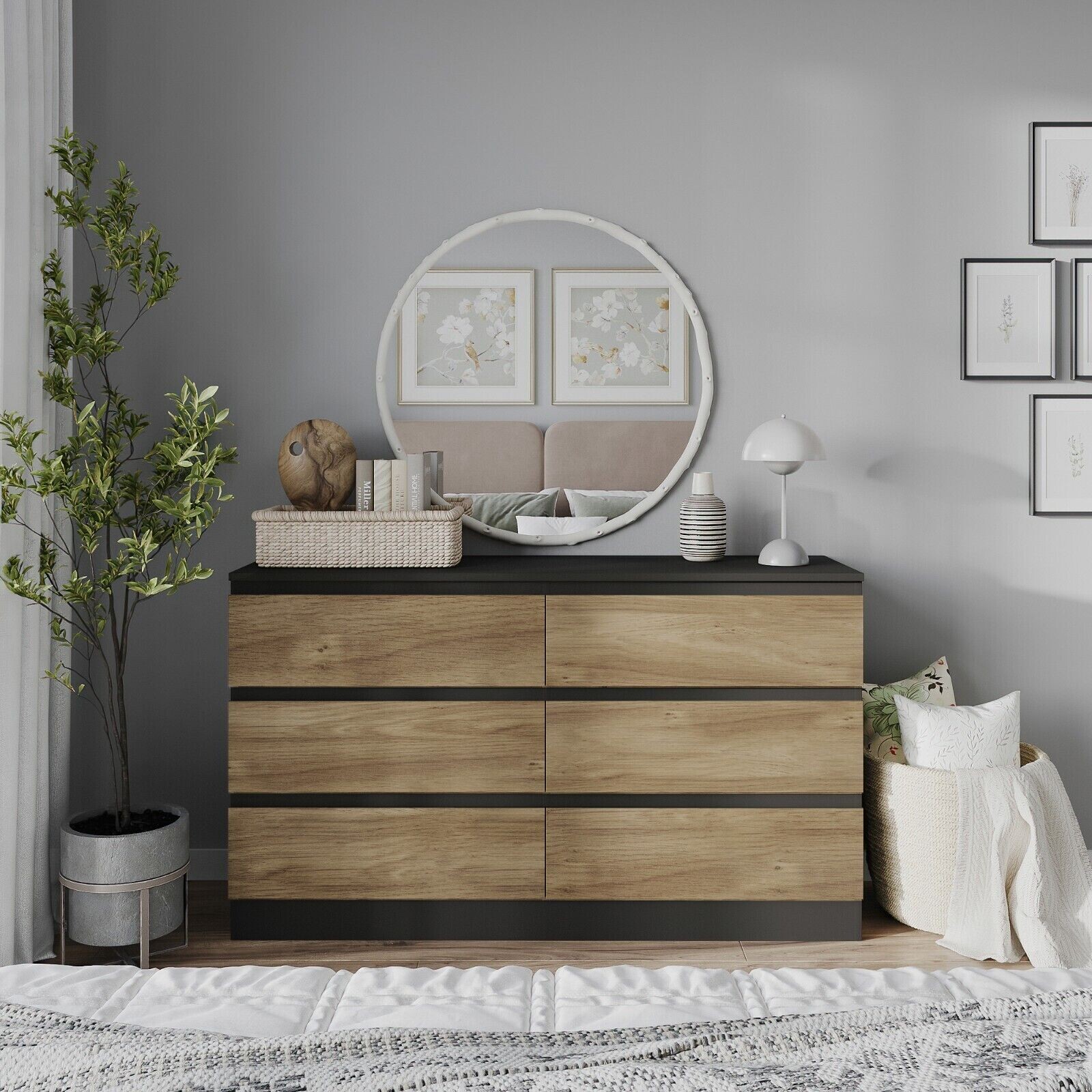 (Black Carcass + Oak Drawers) 120cm Modern Wooden Chest of 6 Drawers ...
