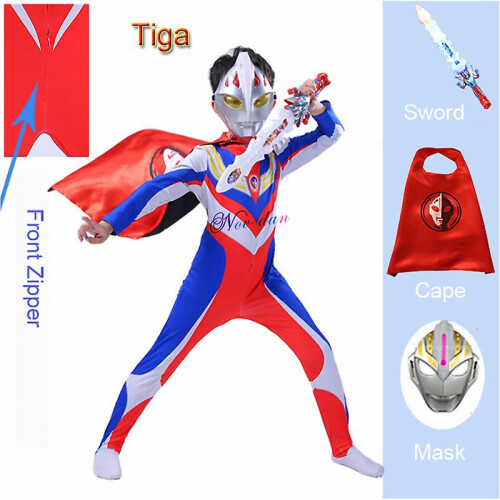 (Kids 130cm, Ultraman Tiga) Boy Ultraman Superheroes Cape Mask Jumpsuit ...