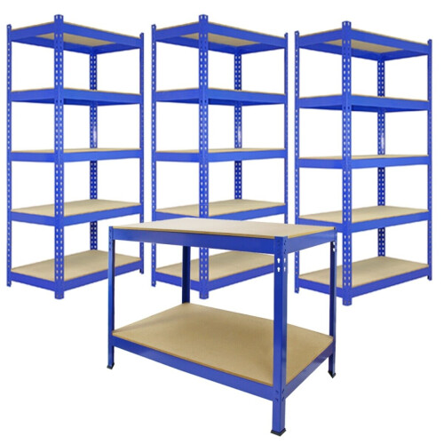 Monster Racking 3 x Blue Racking Unit 90cm 5 Tier & Workbench Garage ...