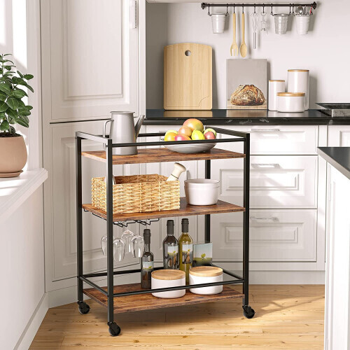 3 Tier Rolling Industrial Design Rustic Look Wooden Kitchen Cart ...
