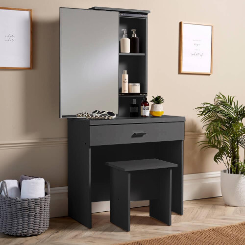 (Black) Dressing Table Set with Mirror Sliding Storage on OnBuy