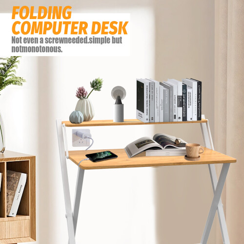 Folding Desk 2-Tier Foldable Table Space Saving Computer Table Writing ...