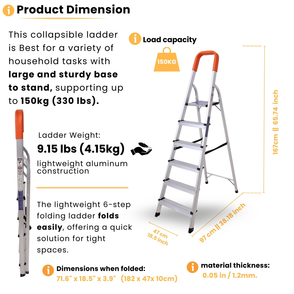 (6-Step Ladder) Aluminium Step Ladders - Heavy Duty Folding Ladder with ...
