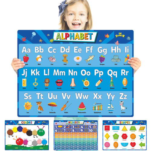 4 Pack ABC Alphabet Chart + Numbers 1-100 + Shapes + Colors Poster Set, Toddler Educational ...