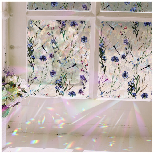 (28 x 100cm) Blue Flowers Glass Window Films No Glue Static Privacy ...