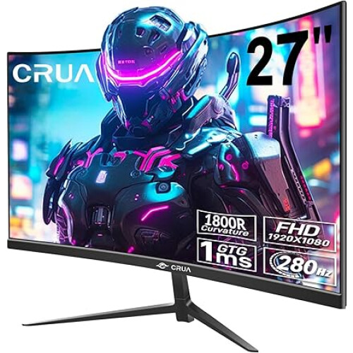 CRUA 27 Inch 280Hz Curved Gaming Monitor, Full HD 1080P, 1ms GTG, 1800R ...