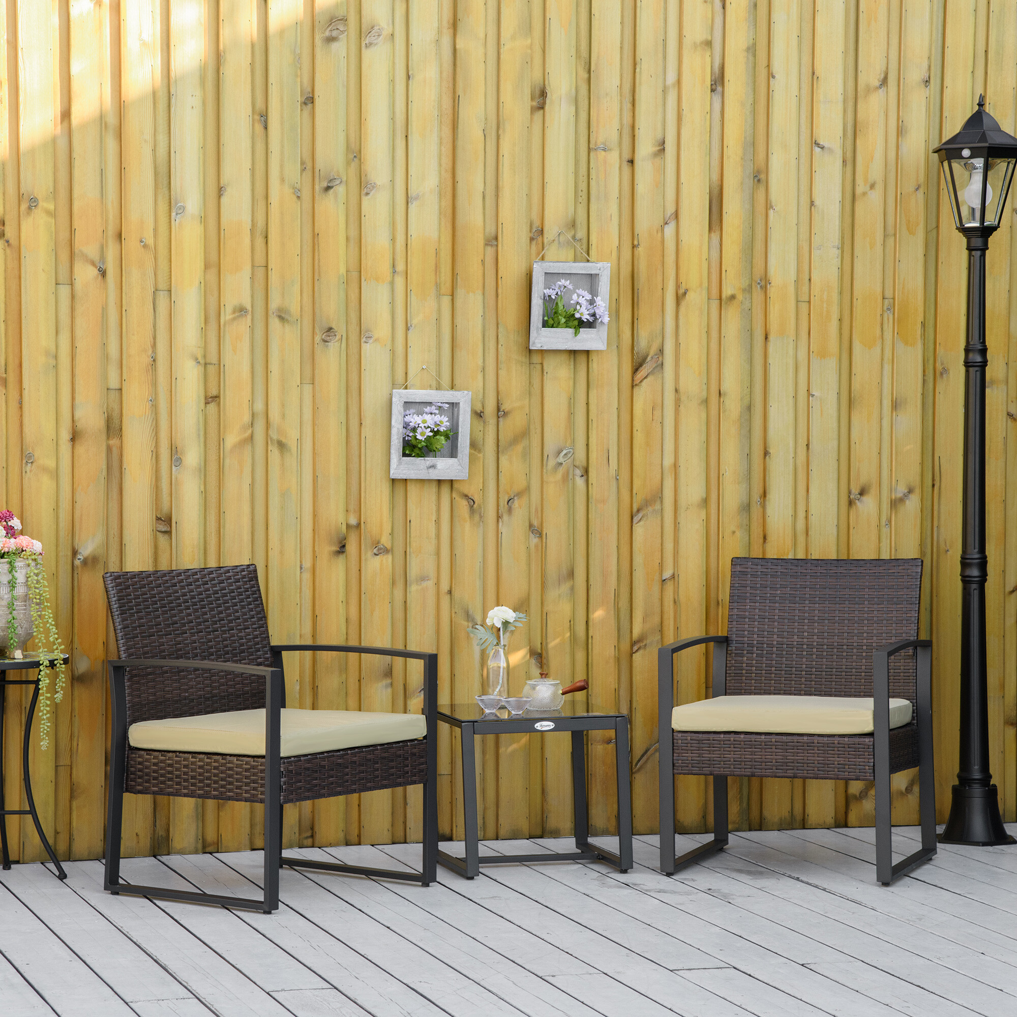 Outsunny 3 Pieces Rattan Patio Bistro Set 2 Chairs Coffee Side Table ...