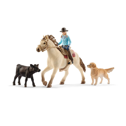 Schleich Western Playset - Cowgirl Figurine with Horse Cow Dog and ...