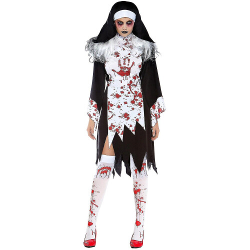 (XL) Vampire Costume Blood Stained Nun Game Uniform Halloween Cosplay ...