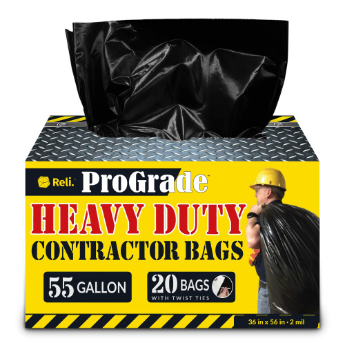 Reli. Contractor Trash Bags 55 Gallon Heavy Duty | 20 Bags w/Ties ...