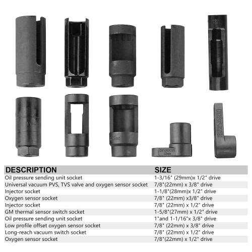 10pcs Oxygen Sensor Socket Set, Lambda Sensor Removal Tool Set, 1/2 ...