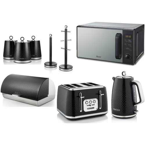 Swan Elegance Black Kettle Toaster Microwave & Kitchen Storage Set on OnBuy