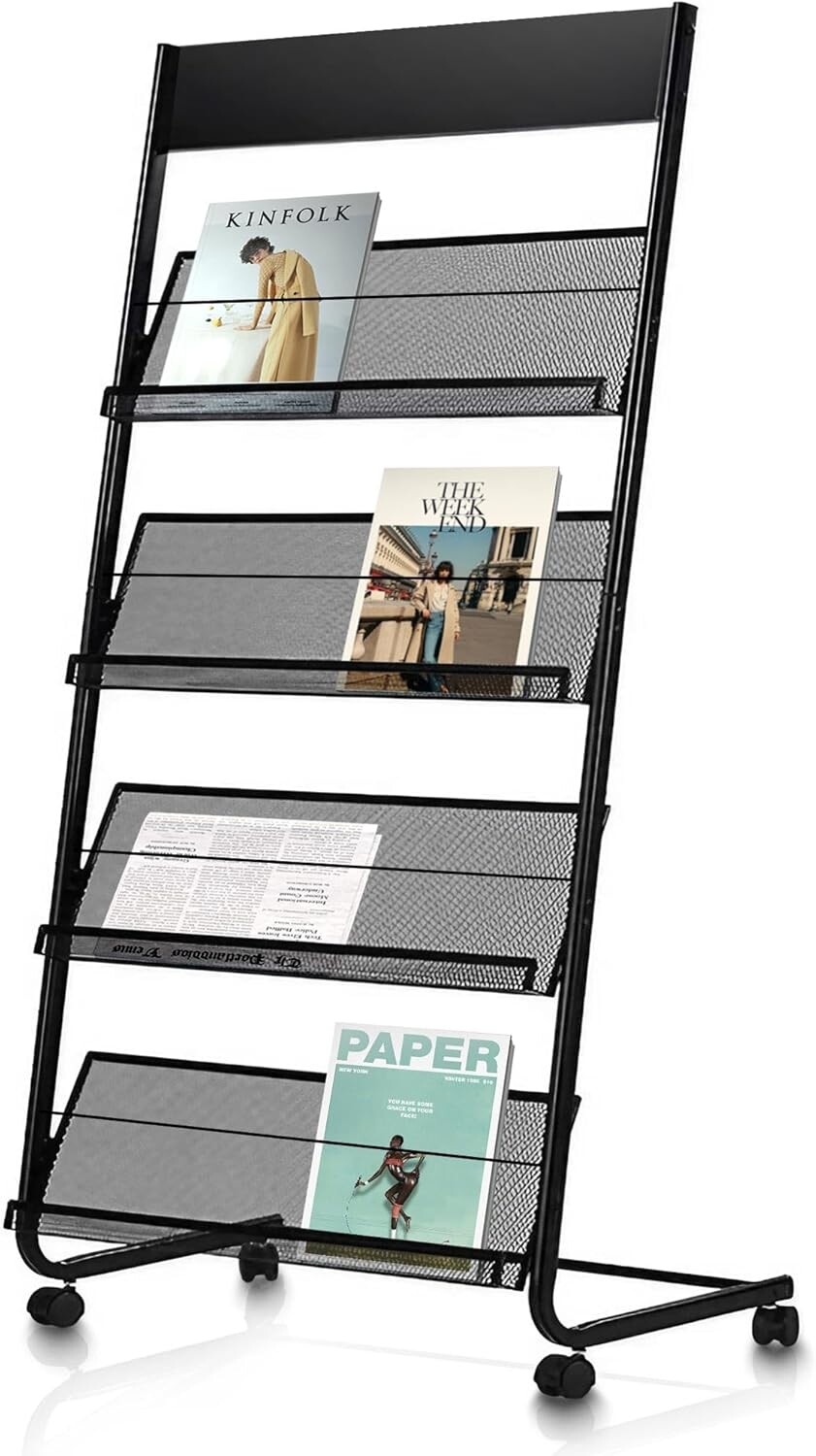 Magazine Rack Floor Standing Brochure Display Stand with Wheels, 4 ...