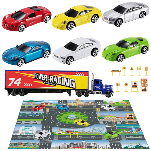 TEMI Diecast Racing Cars Toy Set w/Activity Play Mat, Truck Carrier ...