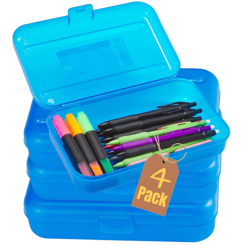 1InTheOffice Pencil Box Translucent Blue Plastic Pencil Boxes 4 Pack on ...