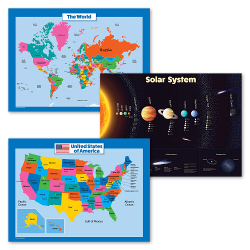 3 pacote - EUA e mapa do mundo para crian as + conjunto de p steres do sistema solar (laminado ...