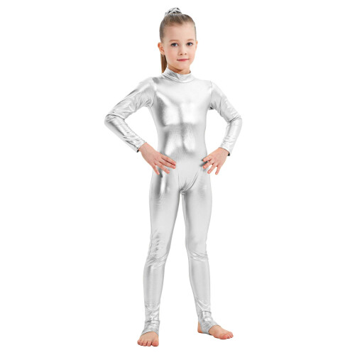 YgneeDom Girls Shiny Metallic Long Sleeve Unitard Spandex One Piece Wet ...