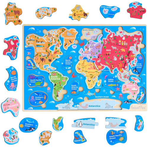 Montessori Mama Wooden USA Map Puzzle and World Continents and Oceans ...