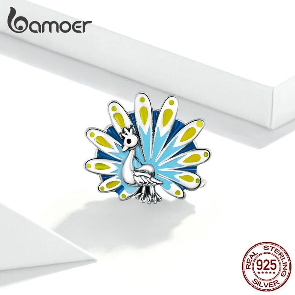 BAMOER Genuine 925 Sterling Silver Bead Noble and Gorgeous Blue Peacock ...