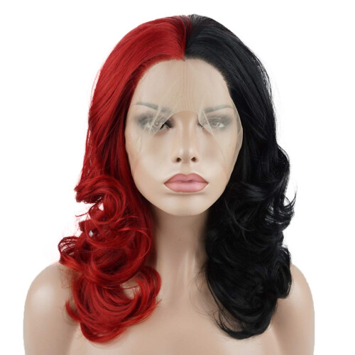 Lushy Stylish Medium Length Half Black Half Red Mix Wig Heat Friendly ...