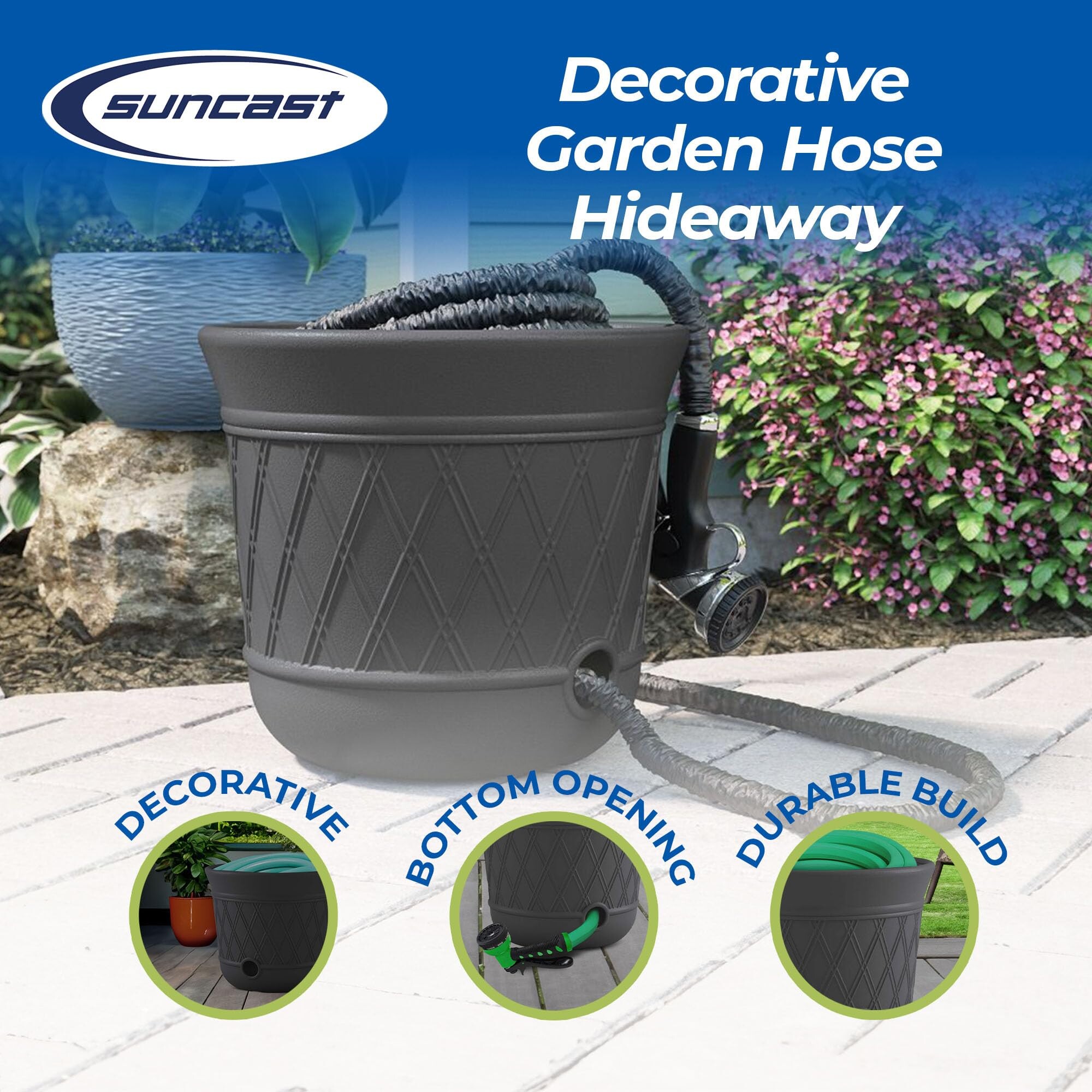 Suncast Lattice Hose Pot Decorative Resin Garden Hose Storage 300ft ...