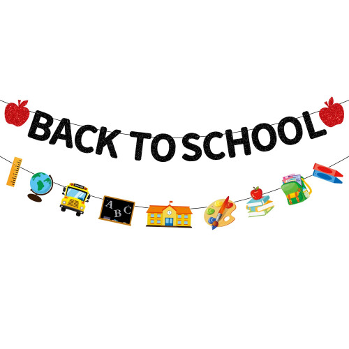 CAVLA Glitter Back To School Banner with Apple School Bus Signs Black ...