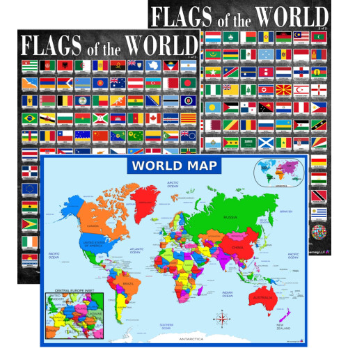 World Map and Flags Posters- Laminated 14x19.5 Educational Charts ...