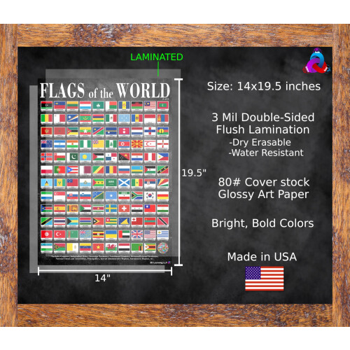 World Map and Flags Posters- Laminated 14x19.5 Educational Charts ...