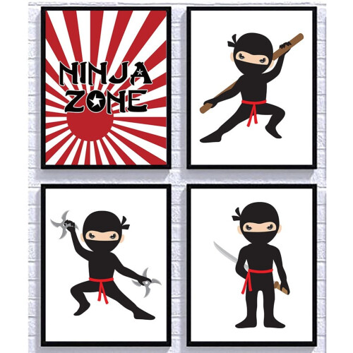 Ninja Zone Star Red White Black Wall Art Decor (Set of Four) Room Deco ...