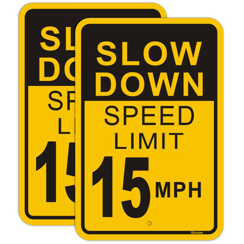 Slow Down Speed Limit 15 MPH Sign 2 Pack Metal Reflective 15MPH Signs ...