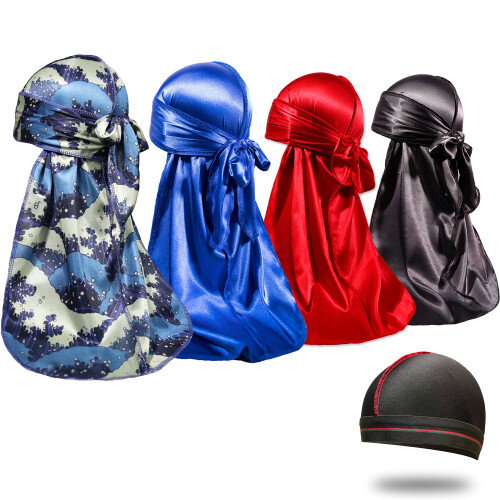 4PCS Silky Durags for Men 360 Waves Designer Do Rag 1 Wave Cap (Blue on ...