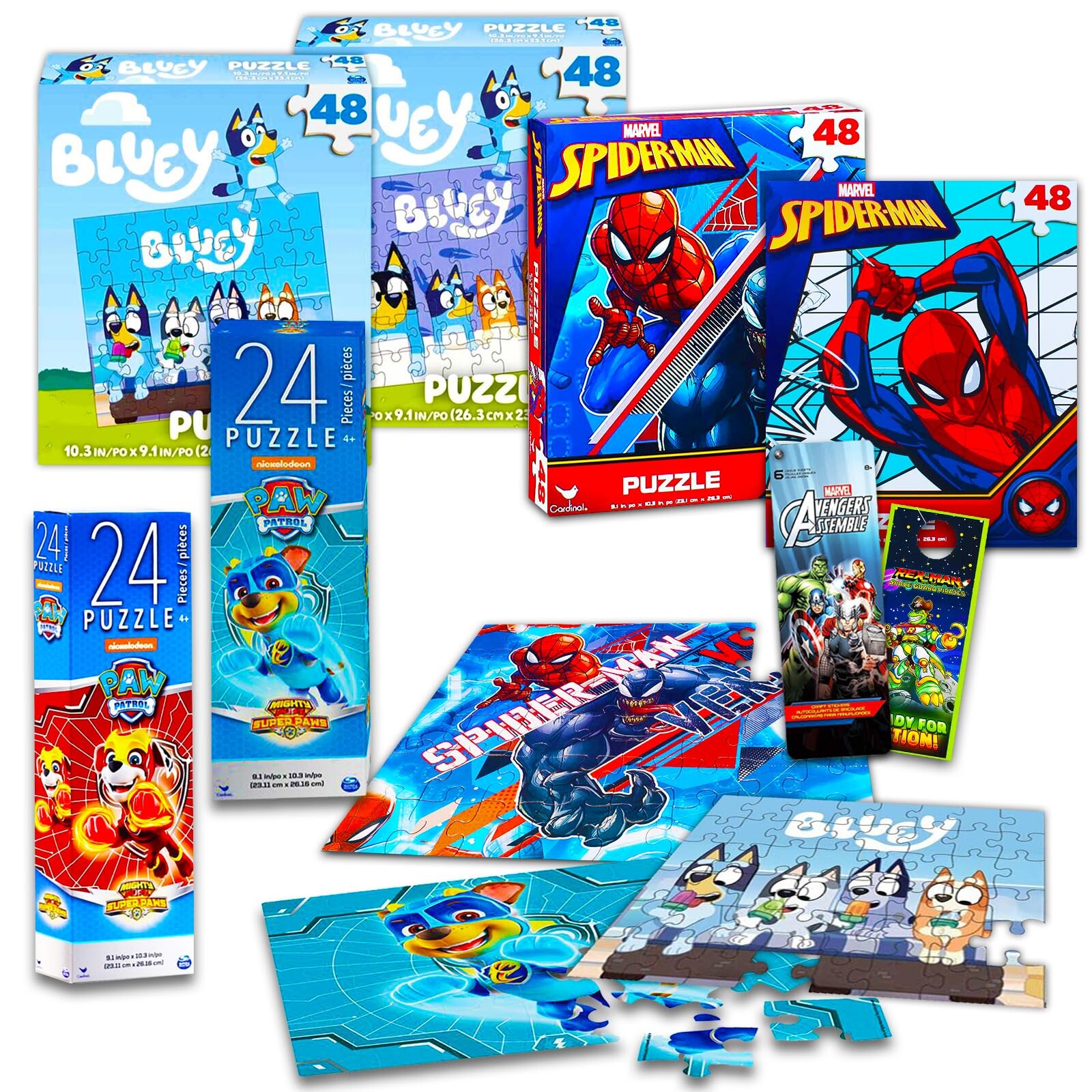 Paw Patrol, Bluey, and Spidey 24 Piece Puzzle Packs for Kids 6 Bluey ...