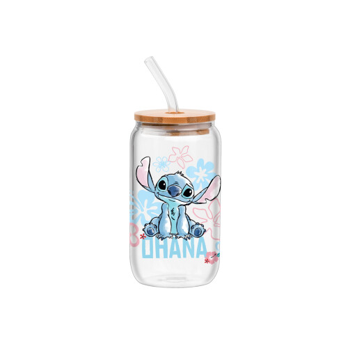 Pahar de sticla Disney Lilo and Stitch Ohana cu capac din bambus ?i ...