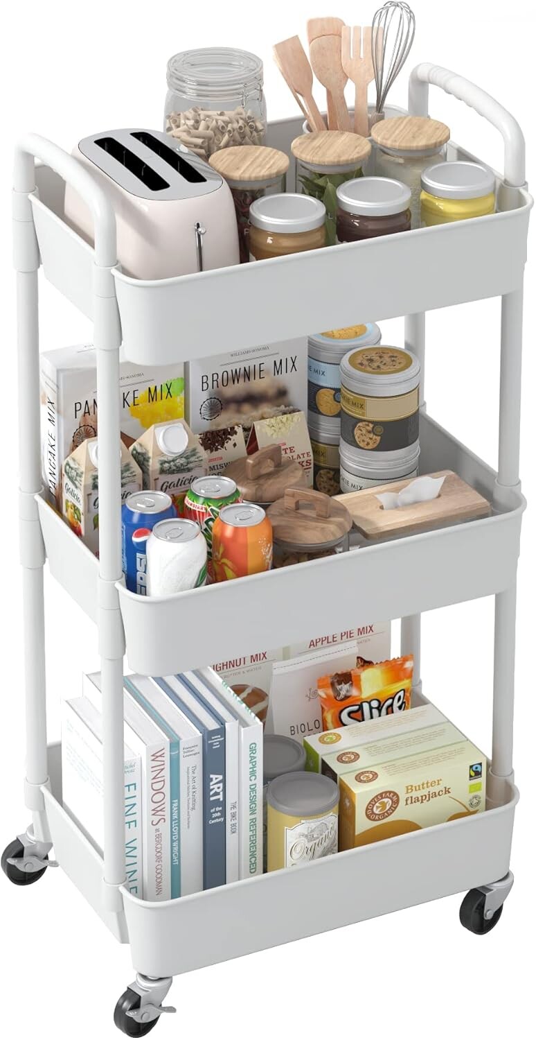 (3 tier, White) 4-tier Storage Rack on Wheels, Kitchen Storage Utility ...