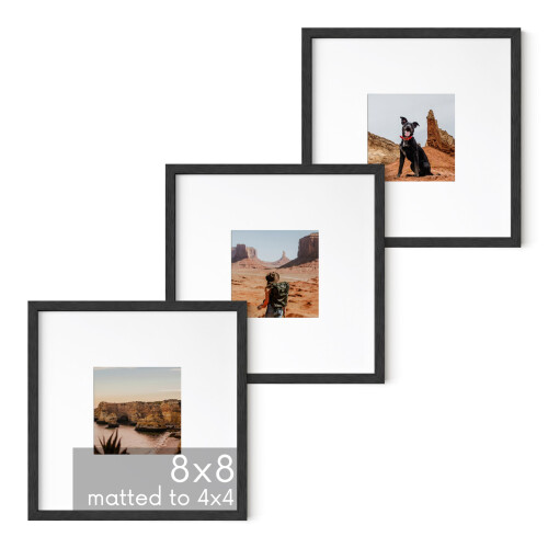 HAUS AND HUES Solid Oak Wood 8 x8 Picture Frames Matted to 4 x4 Set of 3 Black Square Frames 8x8 ...