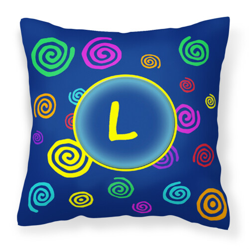""Coj n grande de tela multicolor con monograma inicial de la letra L y espirales azules de ...