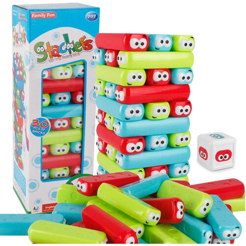 wonuu Timber Tower Block Stacking Game Colored Cartoon Plastic Building ...