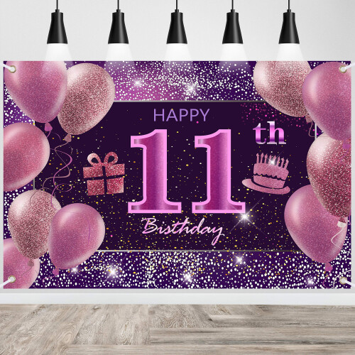 11th Birthday Decorations for Girls Happy Birthday Banner Pink ...