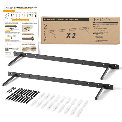 BATODA 24 Heavy Duty Floating Shelf Bracket 2 pcs - Solid Steel Blind Shelf Supports - Hidden ...