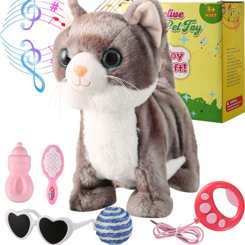 Gray Leash Walking Cat Set Singing That Purrs and Meows Animated Plush ...
