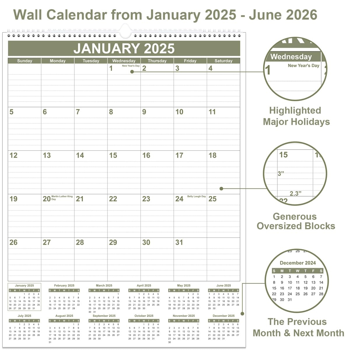 Grokalender 2025-2026 mit Spiralgebundenen-18 Monaten groer Kalender ...