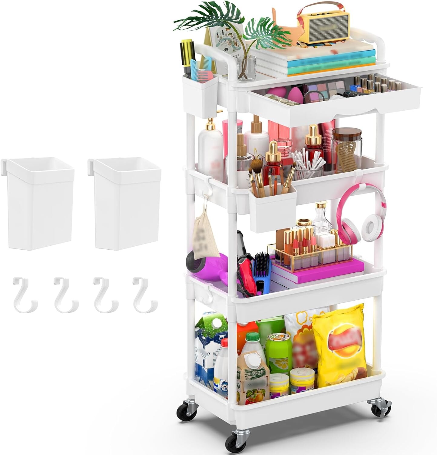 4-Tier Storage Cart with Drawers, Utility Cart with Plastic Shelves and ...